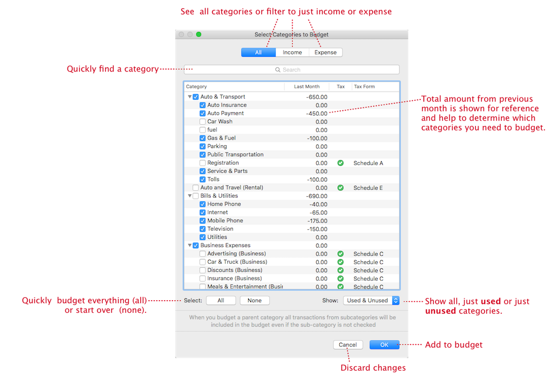 Adding or removing categories or accounts from your budget