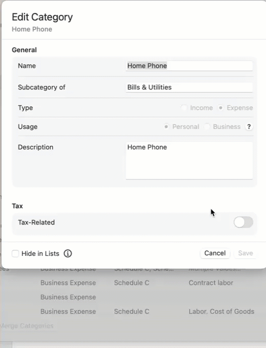 Assign tax line items to categories