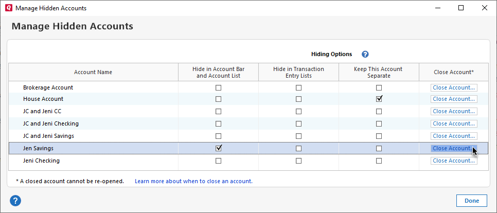 How do I hide, separate, or close an account?