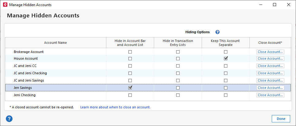 How do I hide, separate, or close an account?