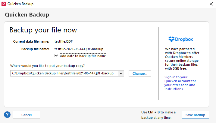 How do I back up my Quicken data file?