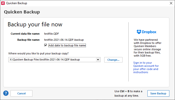 How do I back up my Quicken data file?