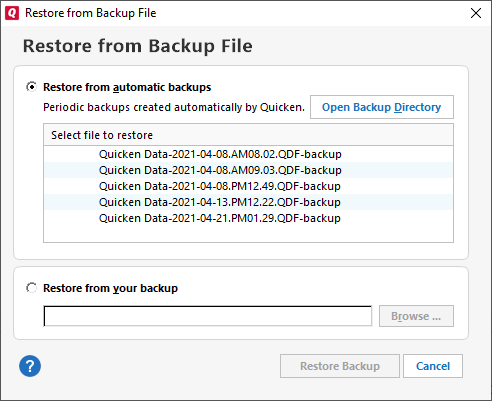 How do I restore a Quicken data file from a backup file?