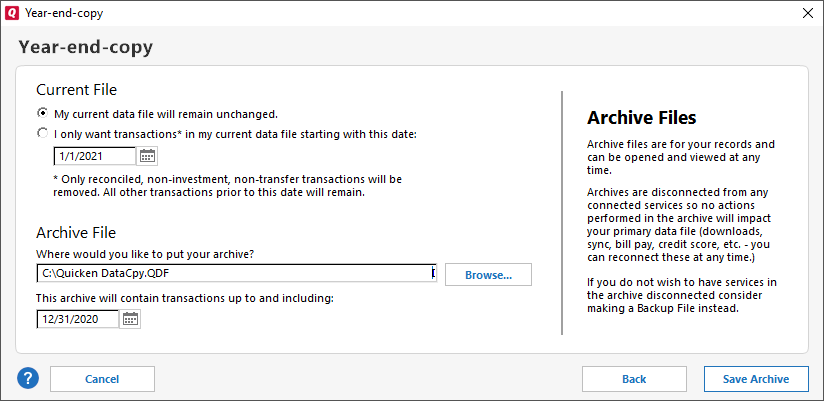 How do I archive Quicken information at year's end?