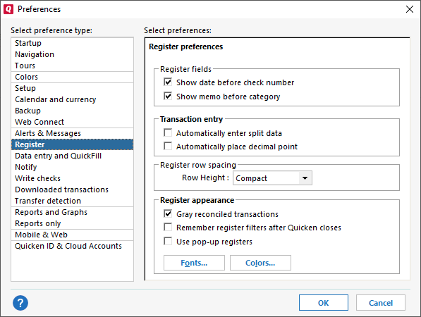 Register preferences