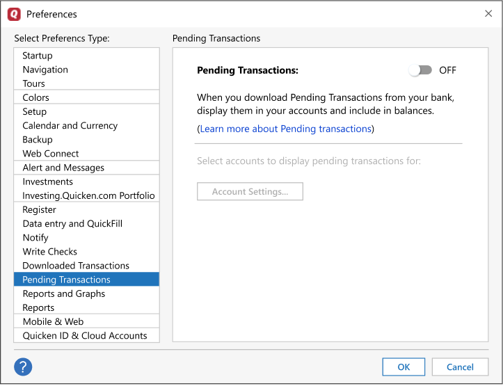 Pending Transactions Preferences